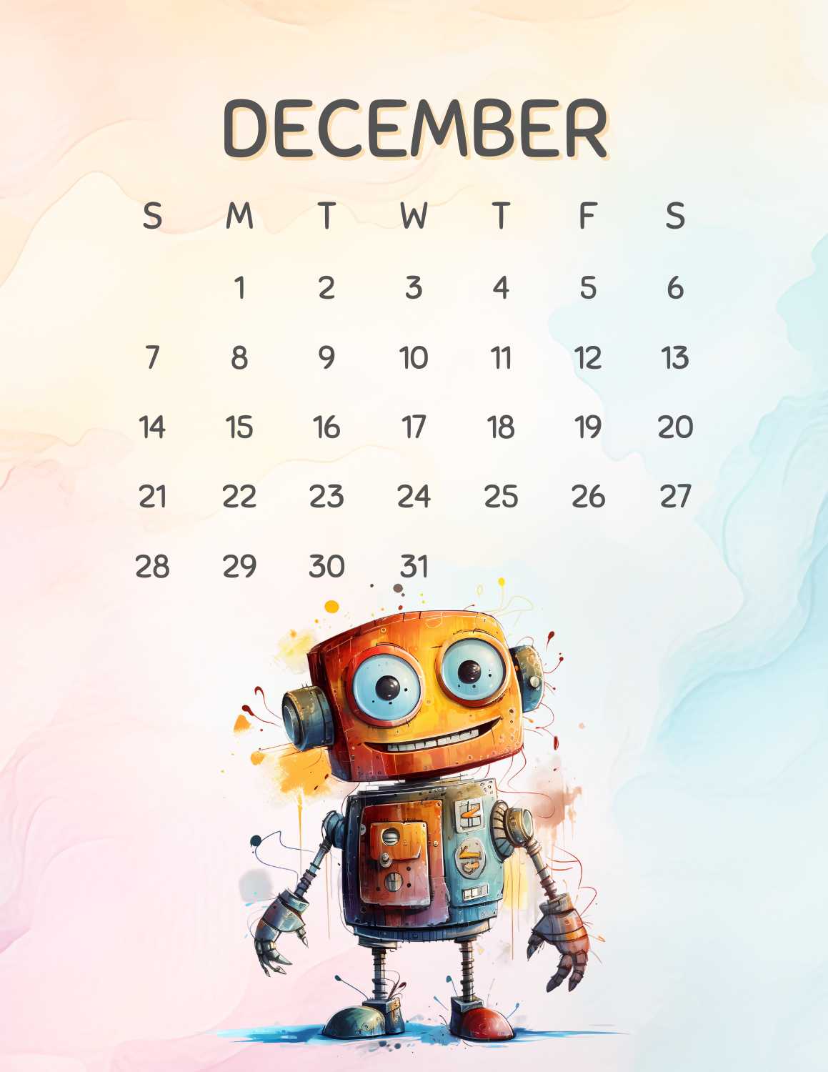 Robots Calendar 2025 – Free Kids Printables