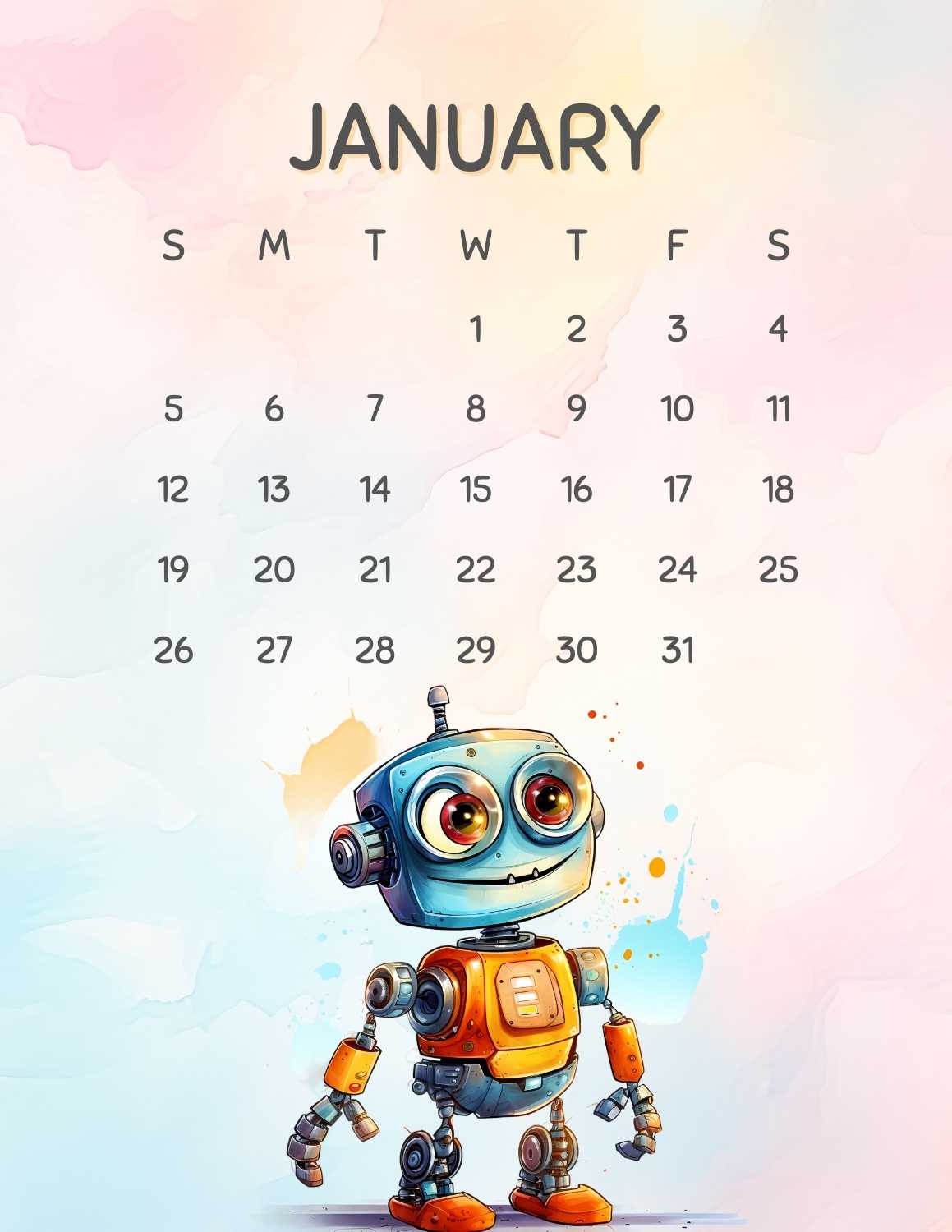 Robots Calendar 2025 – Free Kids Printables